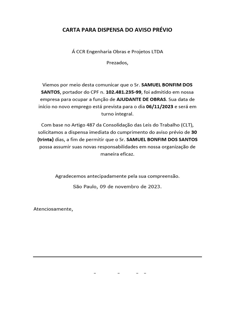 Carta para Dispensa Do Aviso Prévio - Samuel Bonfim | PDF