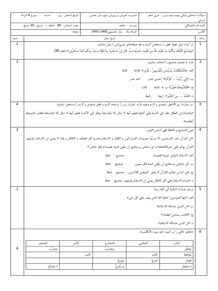Soal 10 Arabi e n2 (1) 1402 (Hamyar - In) | PDF