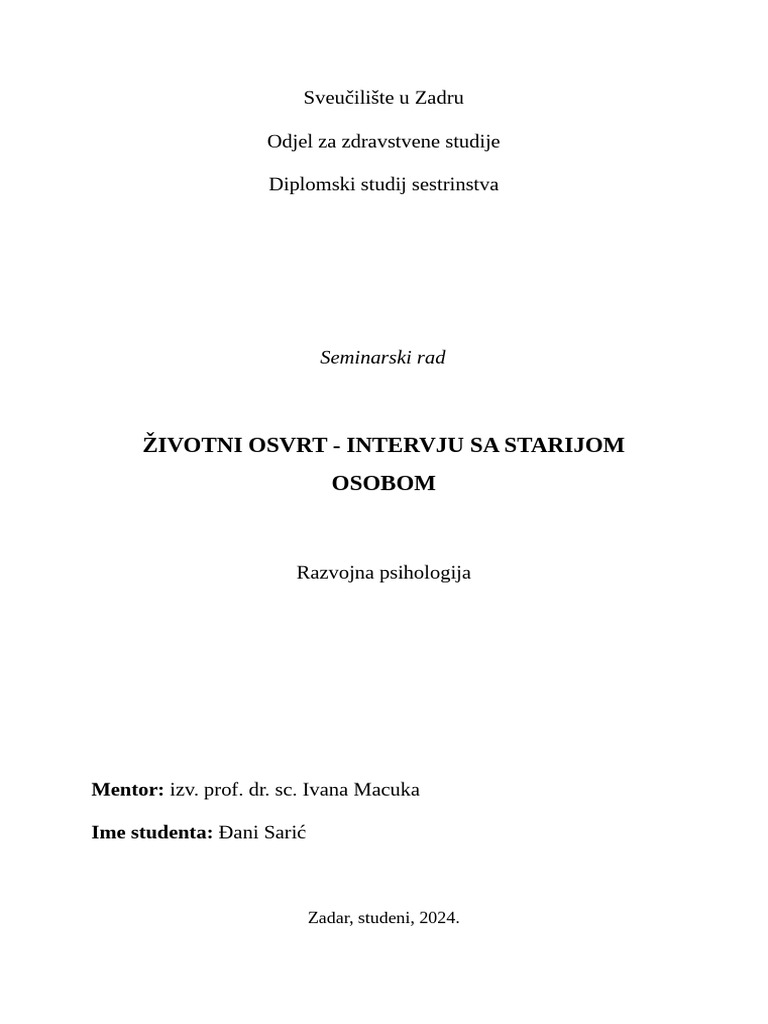 Životni Osvrt, Intervju Sa Starijom Osobom, Đani Sarić | PDF