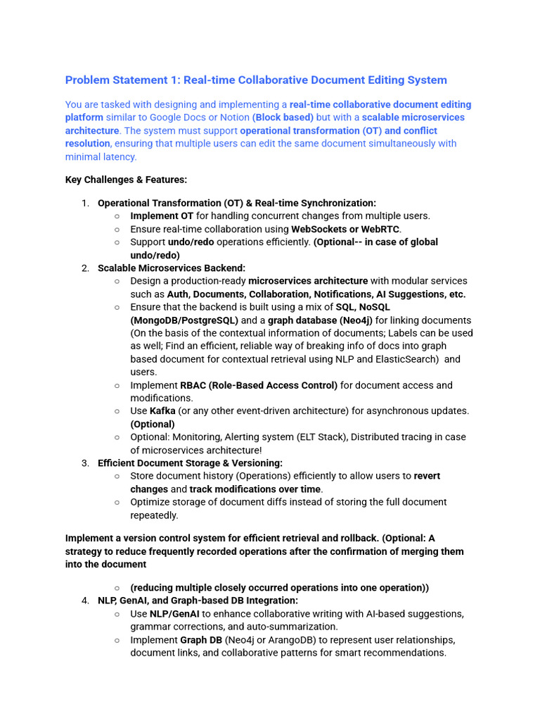 Problem Statement 1- Real-time Collaborative Document Editing System | PDF | Databases | No Sql
