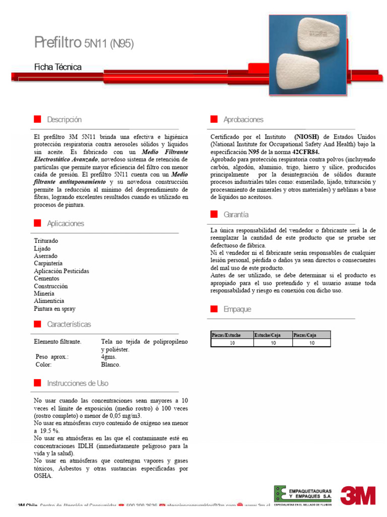 Prefiltro 3M 5N11 N95: Protección Eficaz | PDF | Materiales