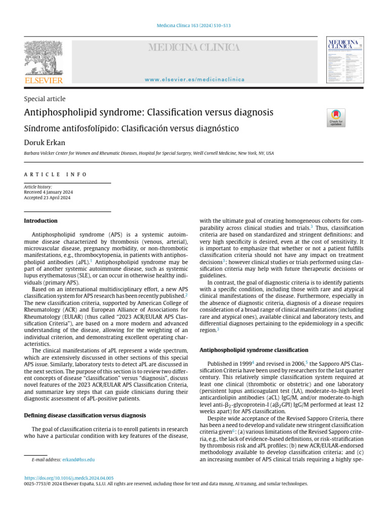 Antiphospholipid Syndrome: Classification vs Diagnosis | PDF | Medical ...