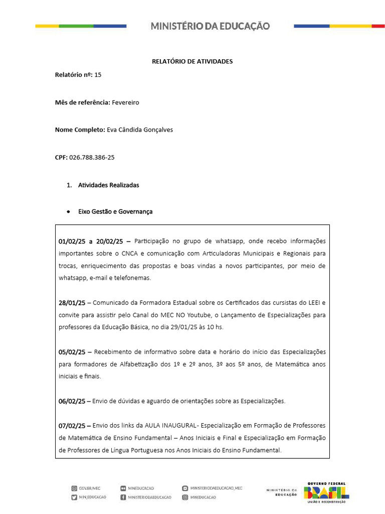 Relatorio Fevereiro RENALFA Assinado | PDF | Alfabetização | Aprendizado