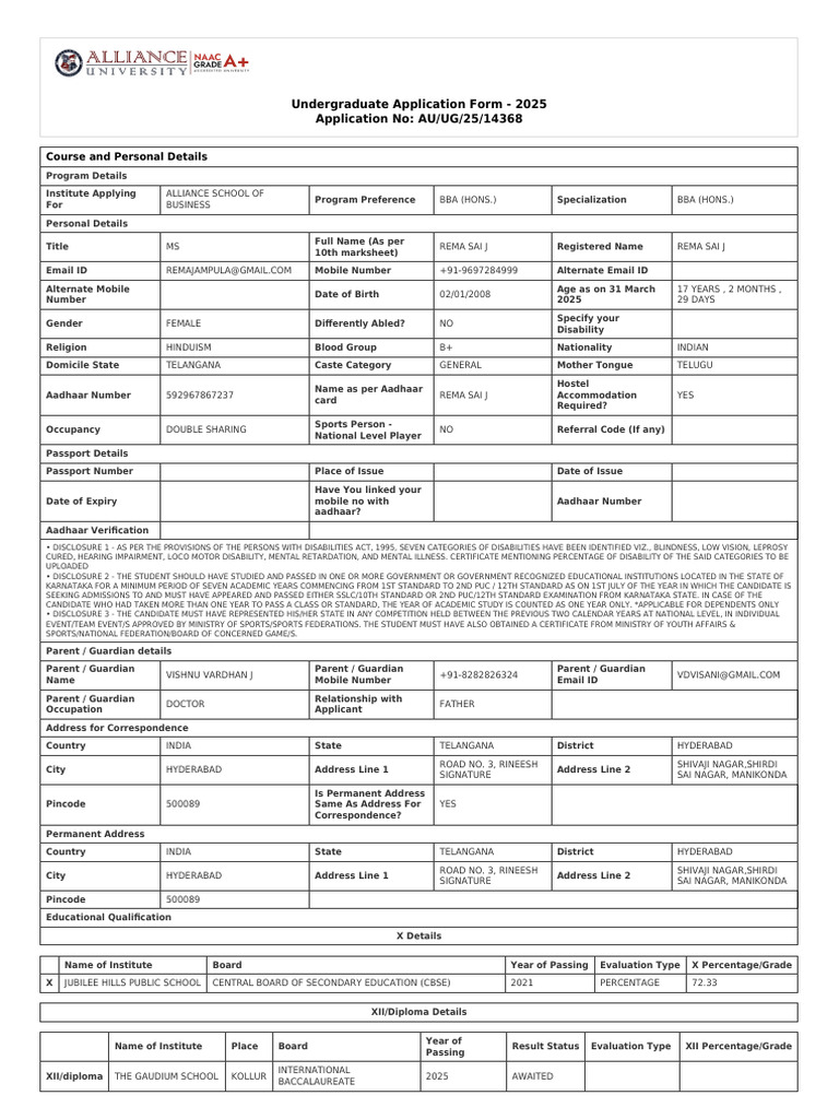 Undergraduate Application Form 2025 | PDF | Disability