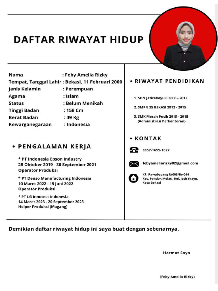 CV - Berkas Lamaran Kerja Feby Amelia Rizky | PDF
