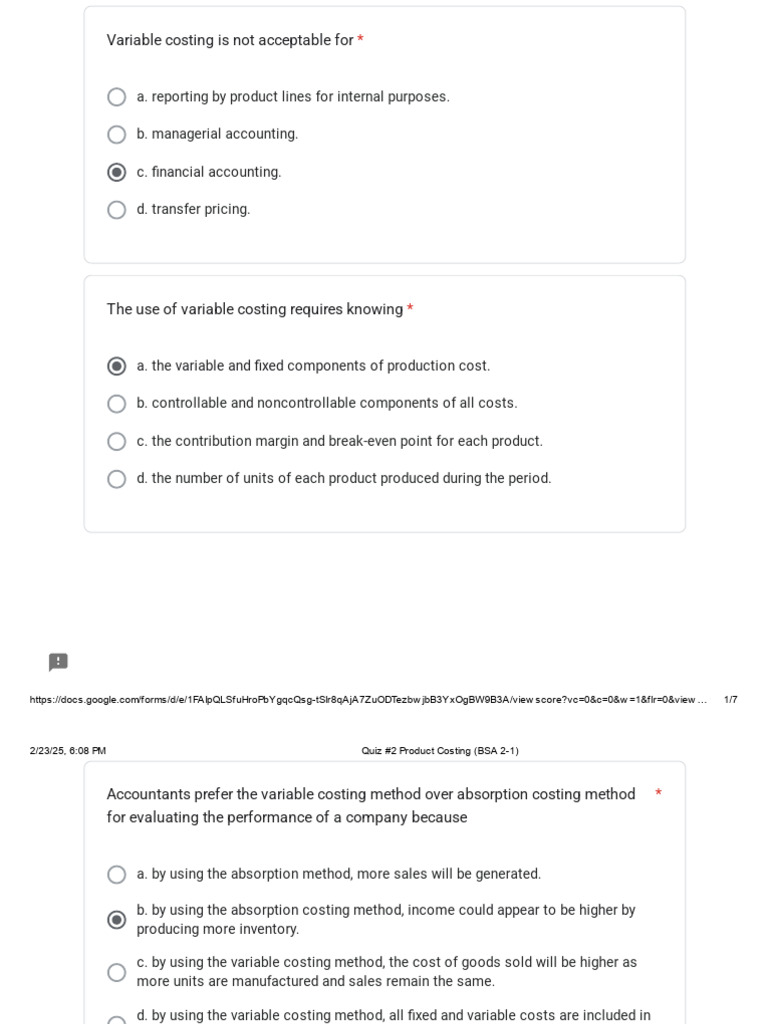 SCM - Quiz 2 Product Costing | PDF | Cost Of Goods Sold | Inventory