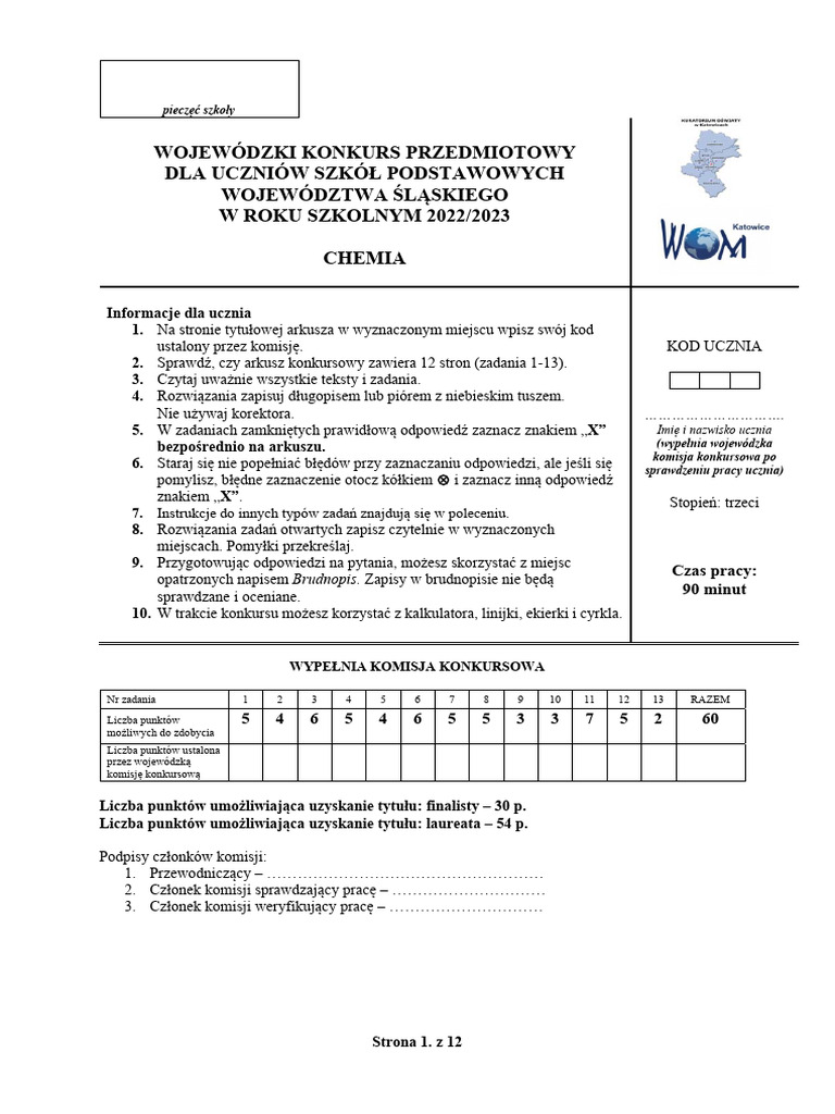 Arkusz CHEMIA - Zadania Na III Etap - 2022-2023 | PDF