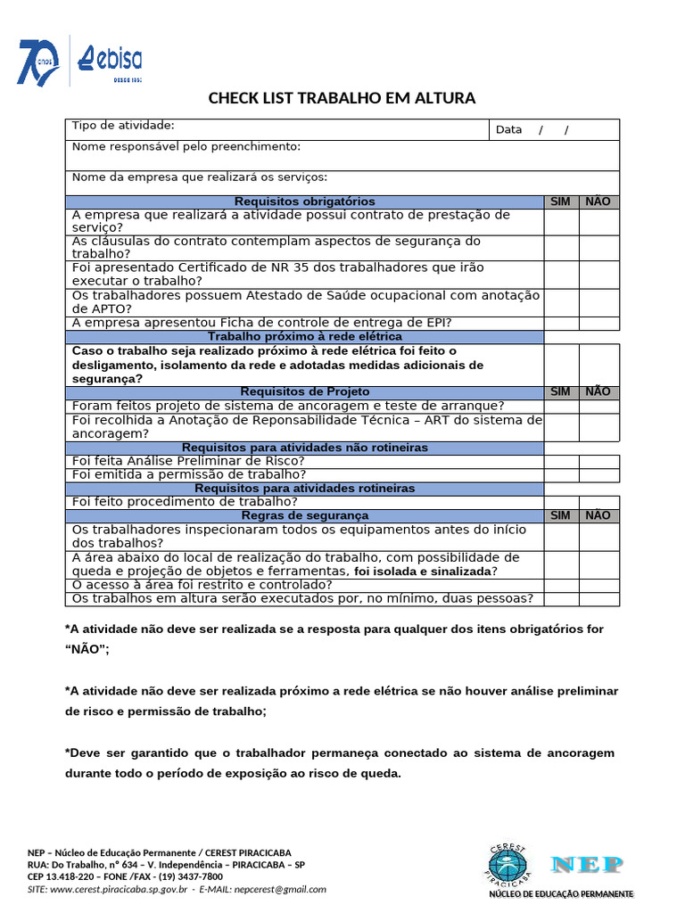 Check List Segurança Trabalho em Altura | PDF