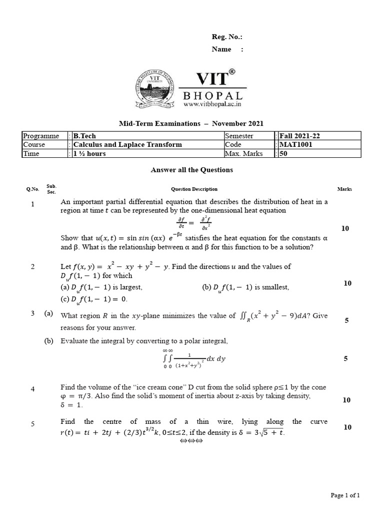 B.Tech Calculus & Laplace Exam Nov 2021 | PDF | Mathematical Physics | Mathematical Analysis
