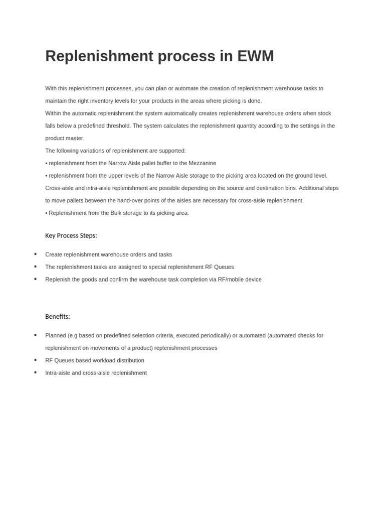 SAP EWM Automatic Replenishment Process | PDF | Warehouse | Supply ...