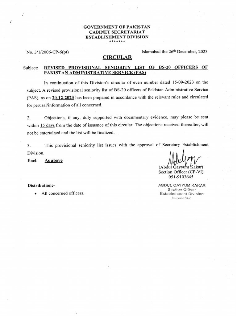 Revised Seniority List of PAS BS-20 | PDF | Pakistan