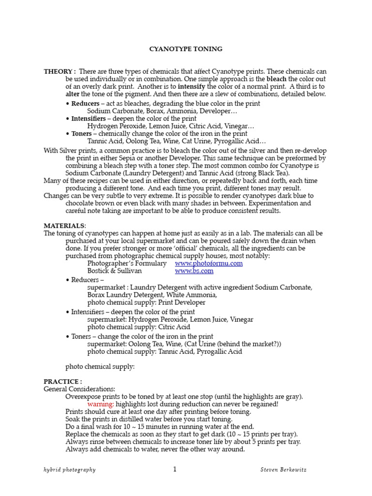 Berkowitz Cyanotype - Toning - v3 | PDF | Bleach | Chemical Substances