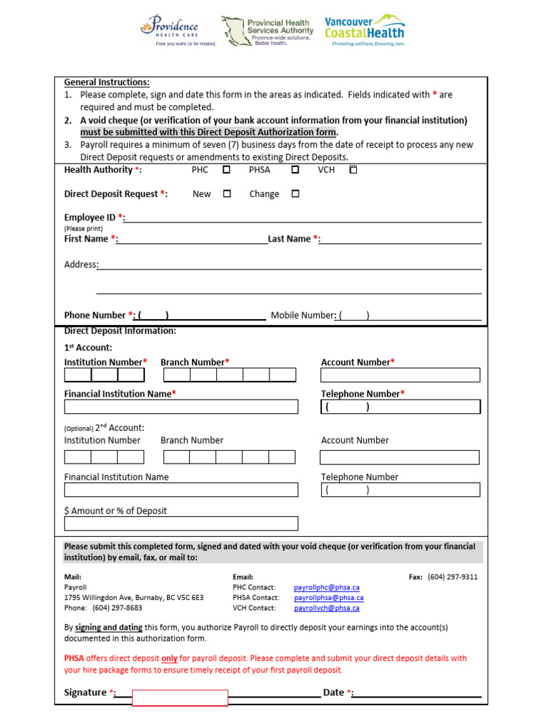 Direct Deposit Form - PHC - PHSA - VCH Logo Fillable | PDF | Service Industries