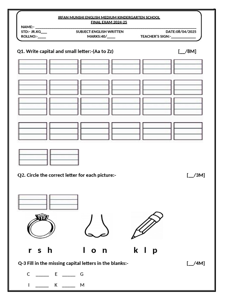 Junior KG English Exam Paper 2024-25 | PDF