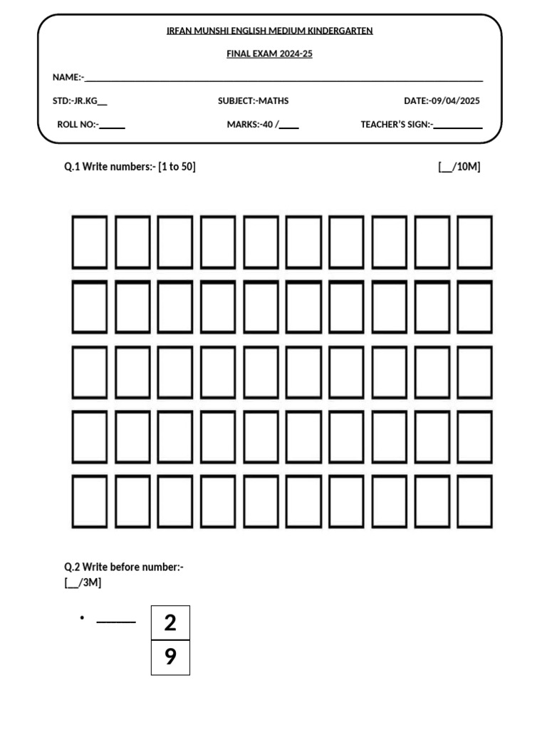 JR - KG Maths Question Paper of Final Exam 2024-25 | PDF