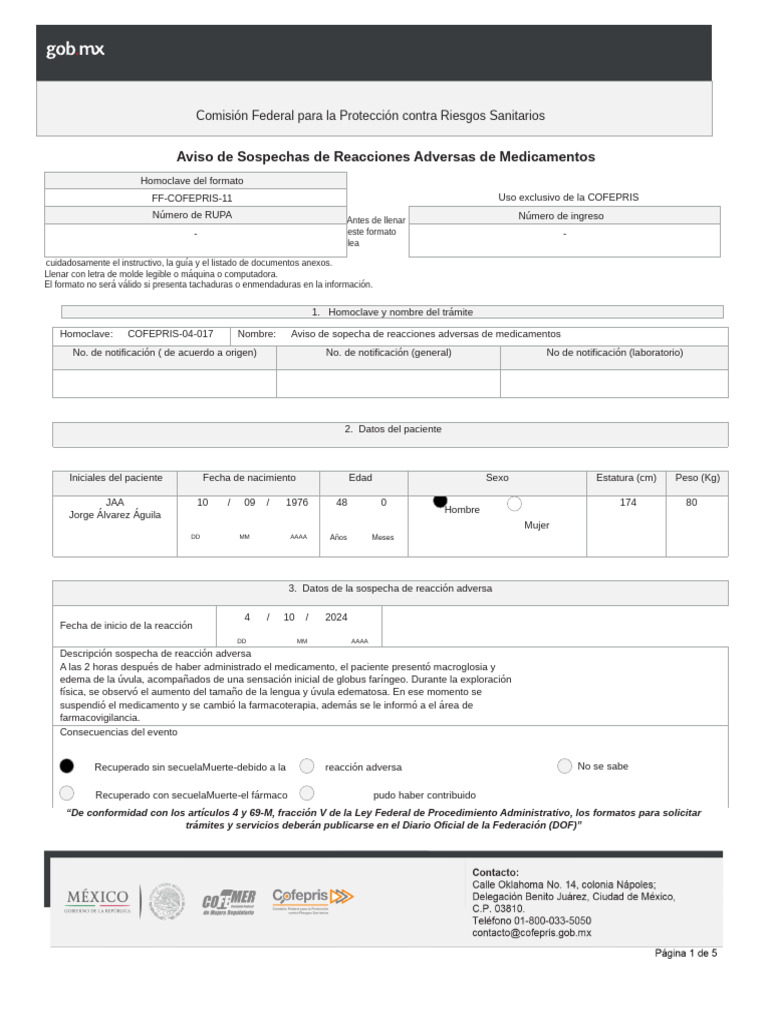 Formato Aviso Reacciones Adversas - JAA | PDF | Medicamentos con receta | Cuidado de la salud