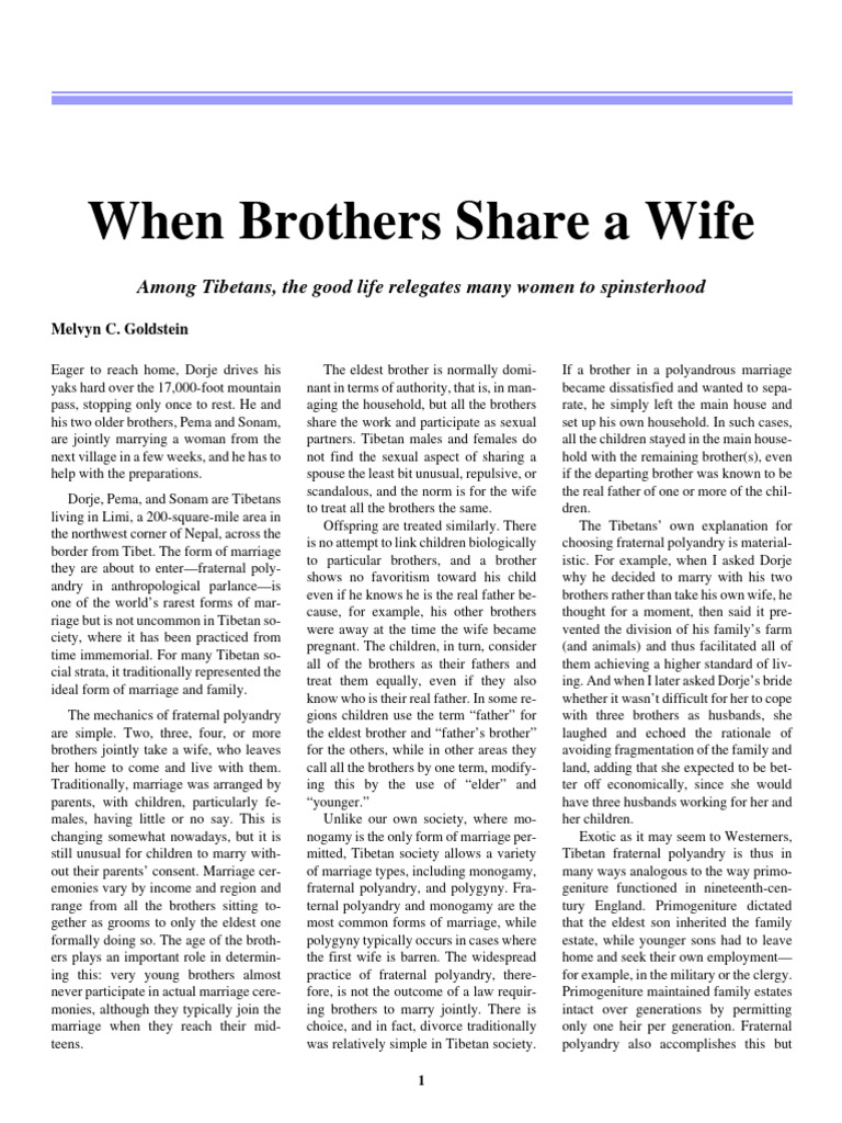 When Brothers Share A Wife, Goldstein - Polyandry | PDF | Marriage | Serfdom