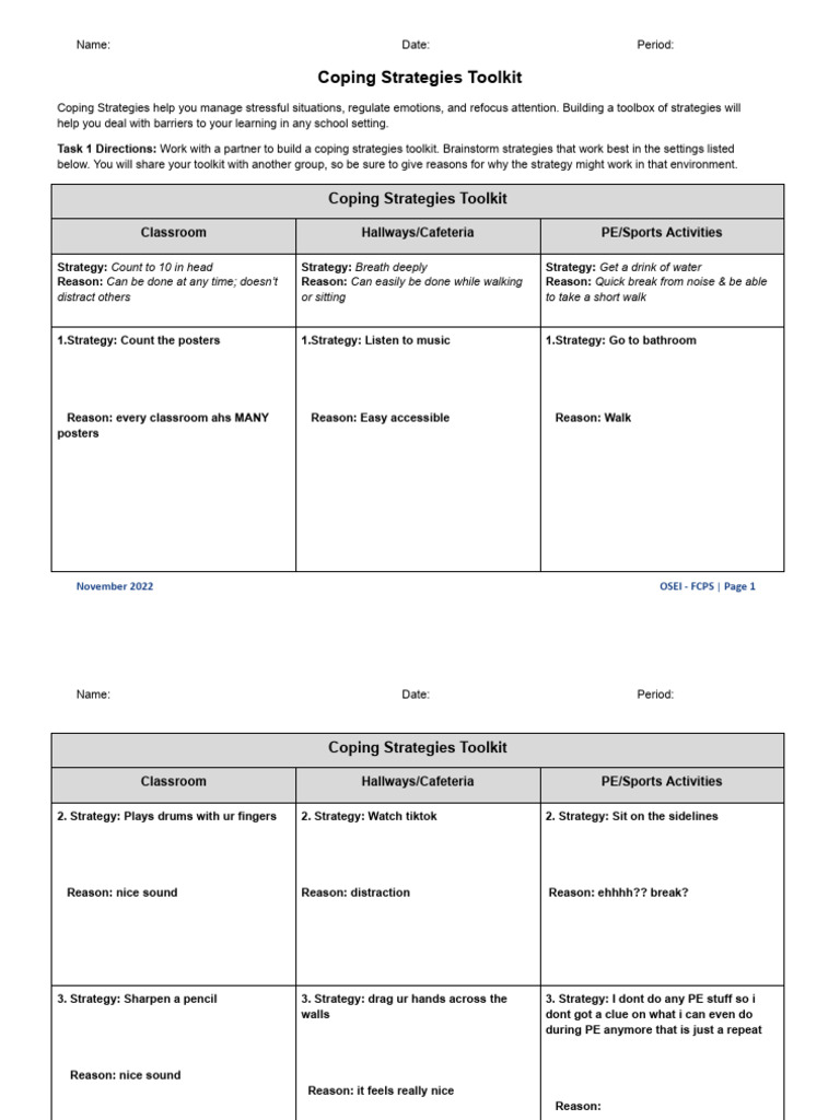 Coping Strategies Toolkit for Students | PDF | Classroom ...