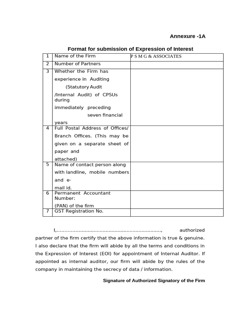 EOI Format for Internal Auditor Appointment | PDF