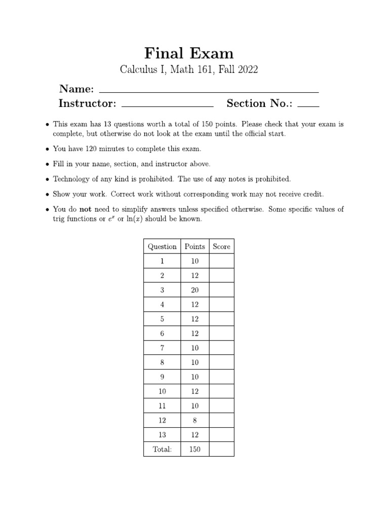 MATH 161 Final | PDF