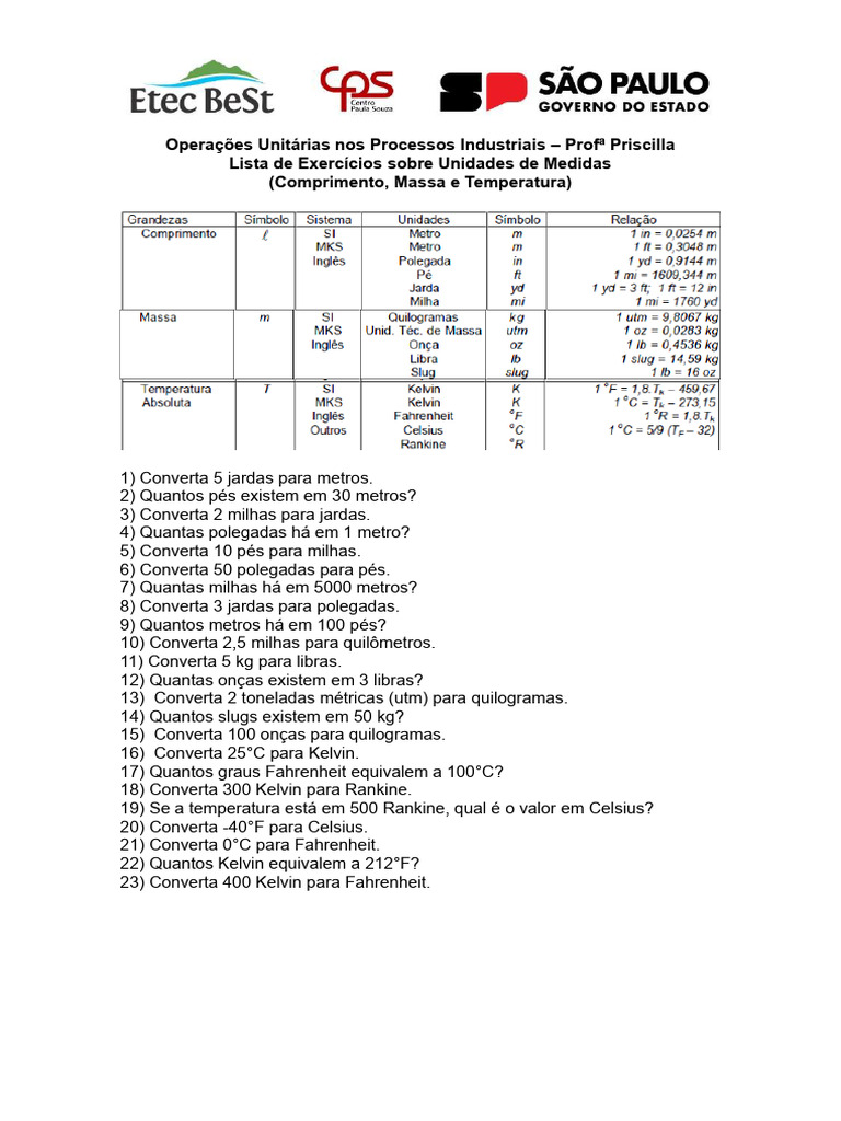 Lista de Exercícios 03 - Conversão de Unidades de Medidas | PDF