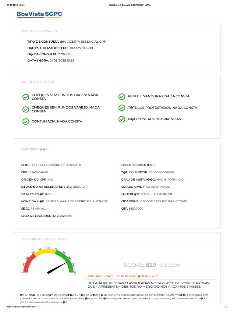 DataClose - Consulta SCORE BOA VISTA 02 | PDF