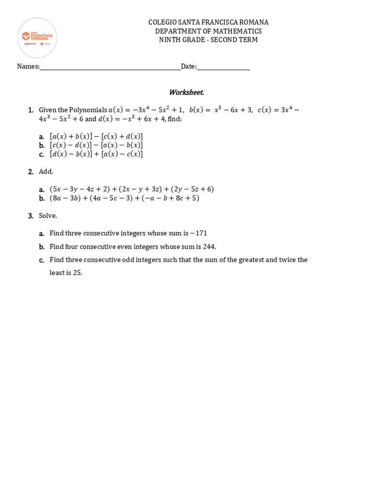 Ninth Grade Math Worksheet: Polynomials & Integers | PDF