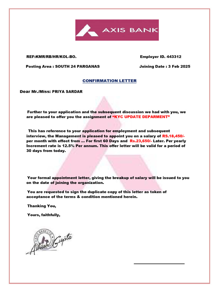 Confirmation Letter For Priya Sardar | PDF