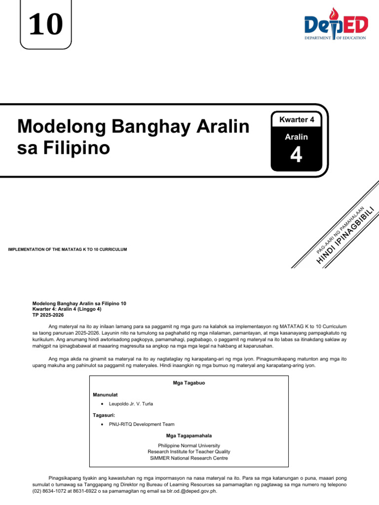 LE - Q4 - Filipino10 - Lesson4 Week4 | PDF