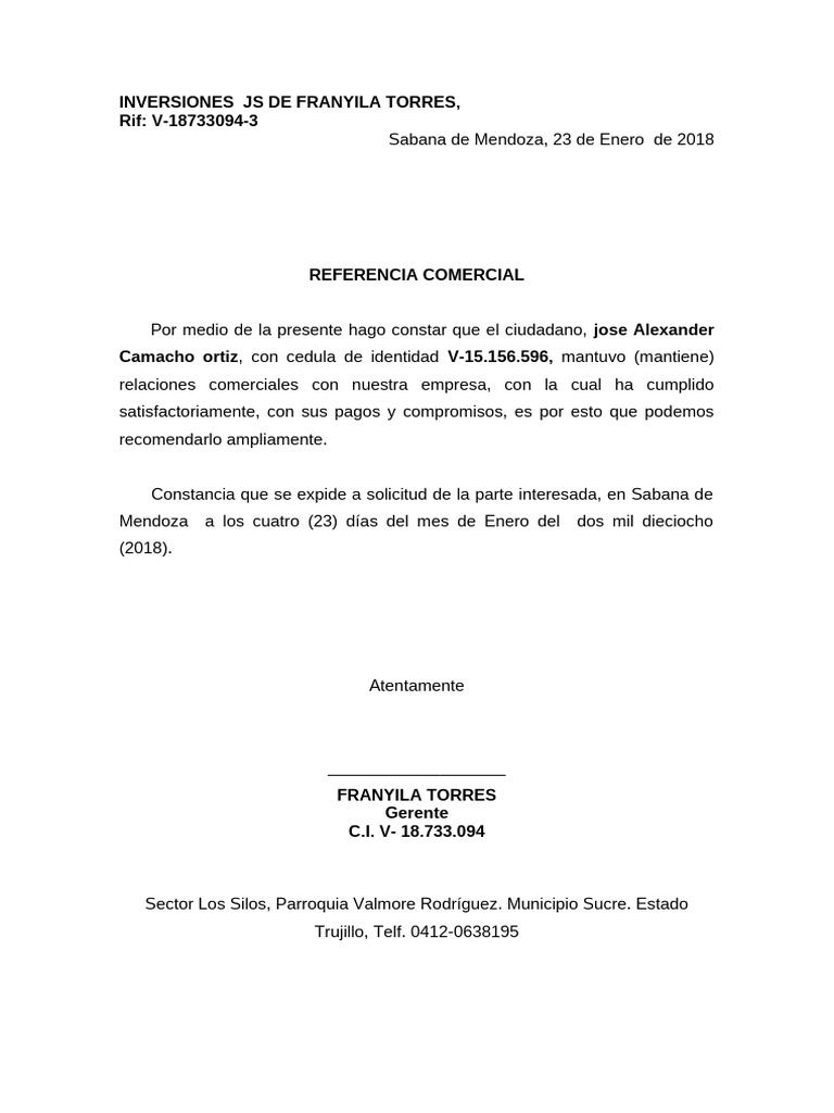 INVERSIONES JS DE FRANYILA TORRES Comercial | PDF