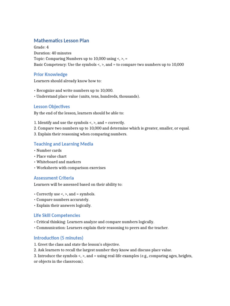 Mathematics Lesson Plan Grade4 | PDF