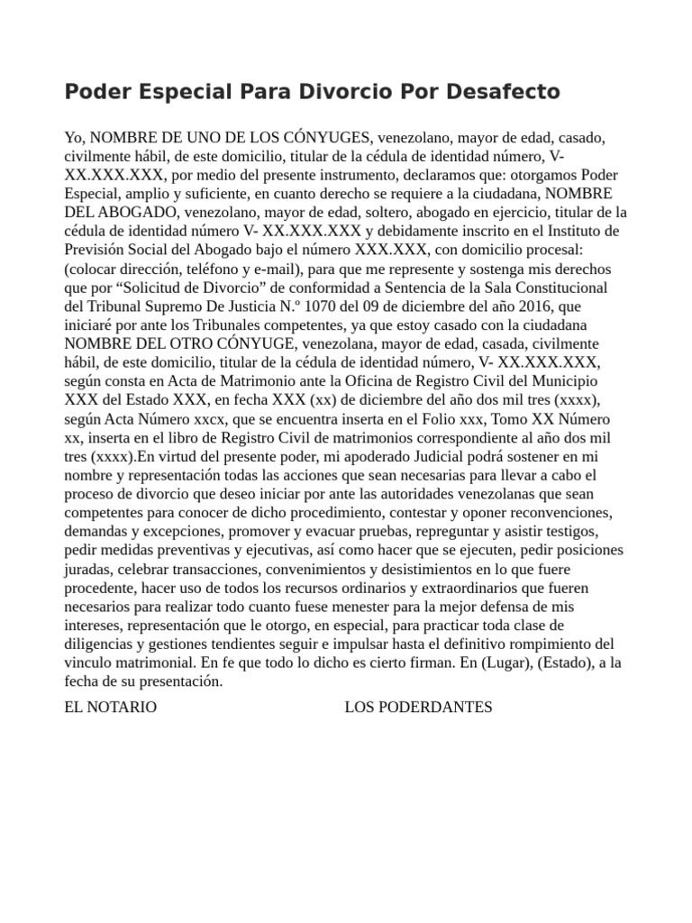 Poder Especial para Divorcio Por Desafecto | PDF | Divorcio | Abogado