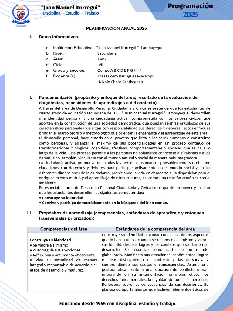 2025 PLANIFICACION ANUAL 5TO | PDF | Aprendizaje | Maestros