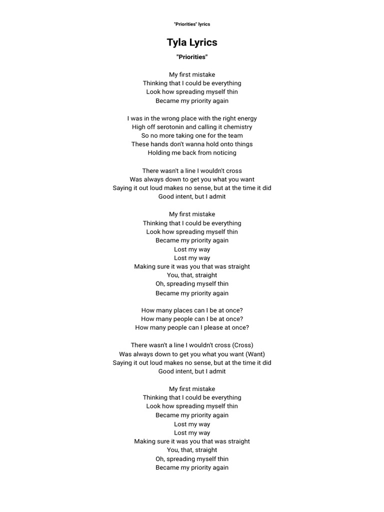 Tyla - Priorities Lyrics _ AZLyrics.com | PDF