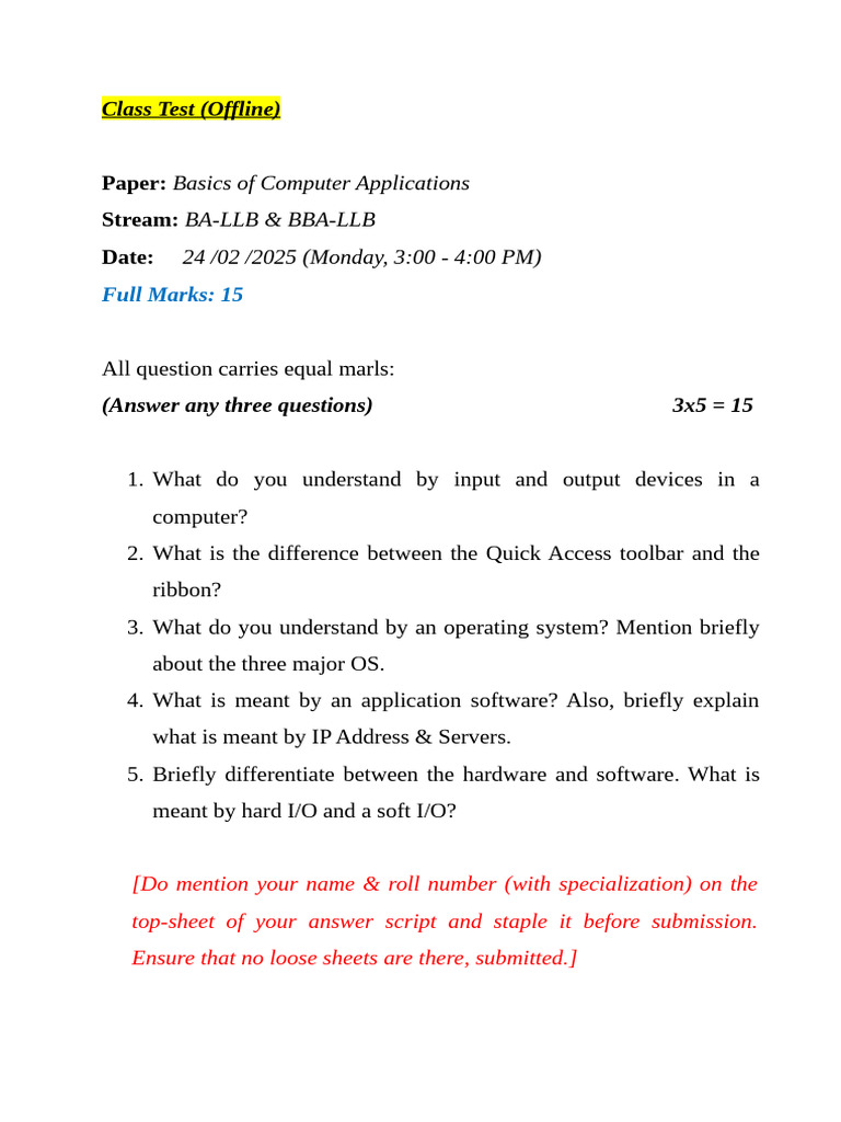 2. Class Test (Offline) - 15 Marks | PDF