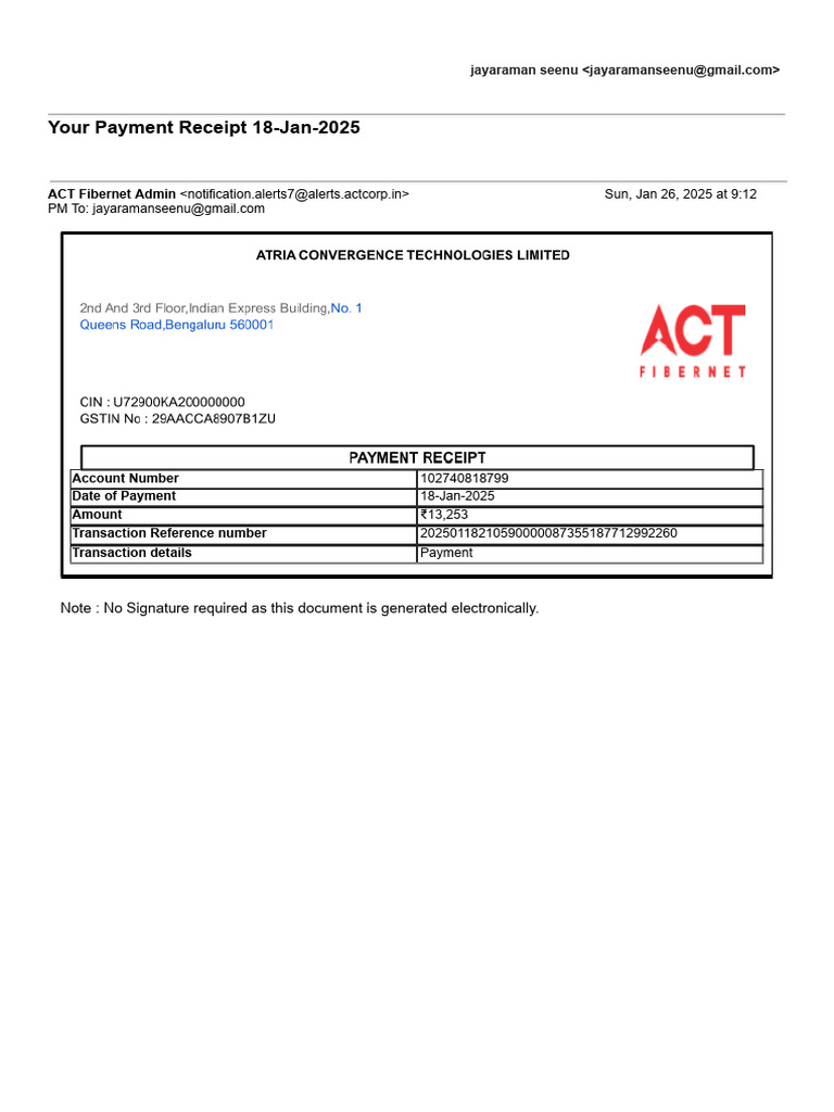 ACT Fibernet Payment Receipt 2025 | PDF