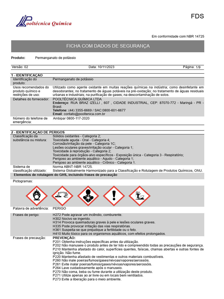 FDS NBR 14725 PT Permanganato de Potassio V02 20231110145423 | PDF