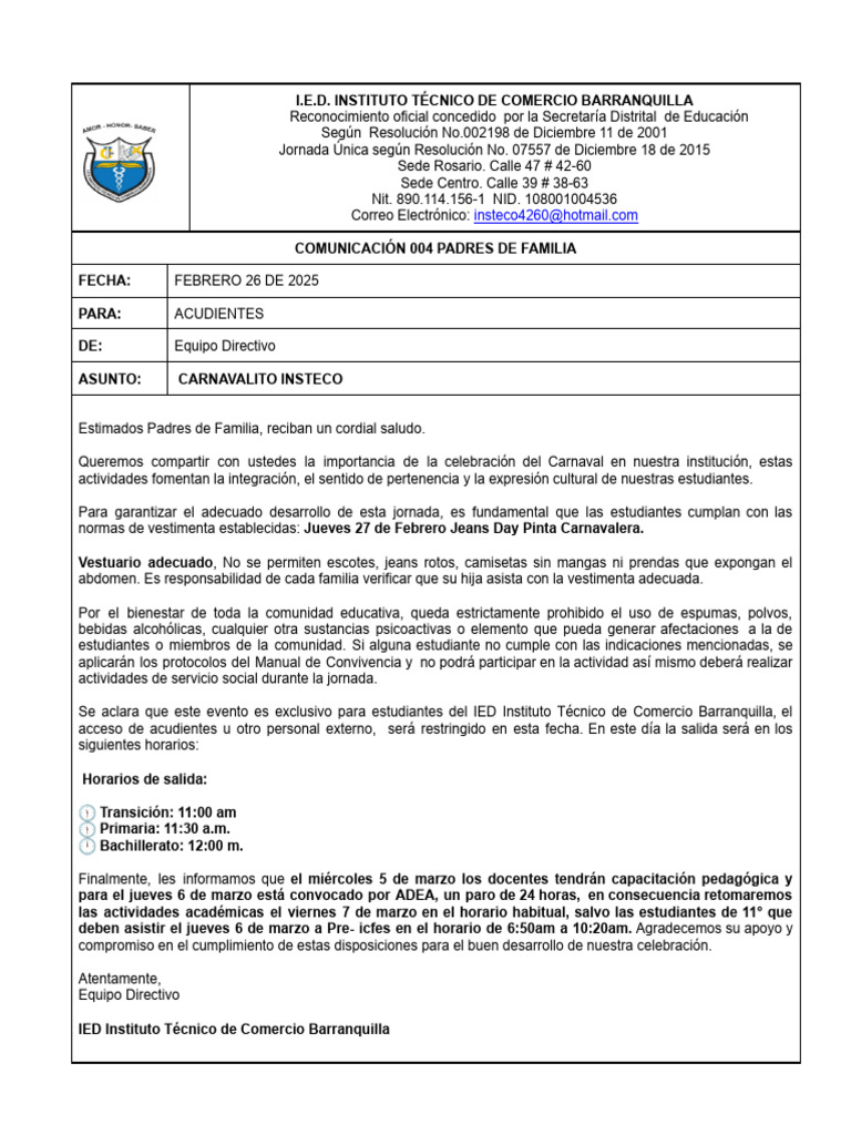 Carnavalito INSTECO 2025: Normas y Horarios | PDF