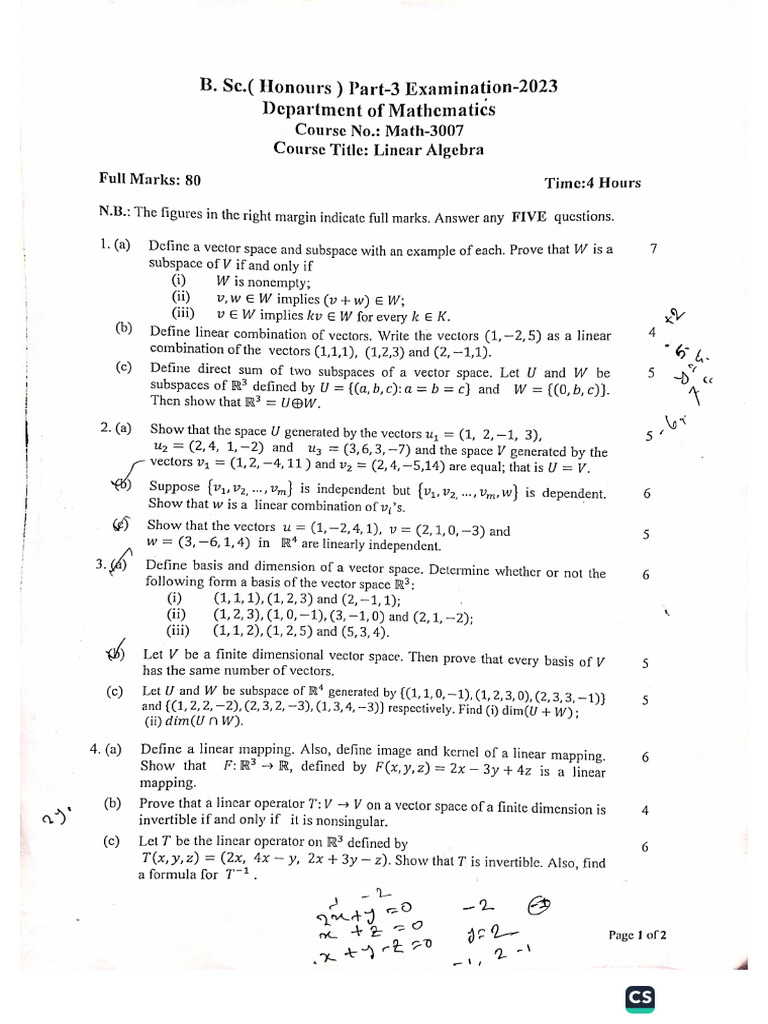 RU 3rd year math question Linear algebra | PDF