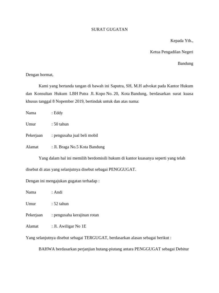 Surat Gugatan Perdata | PDF