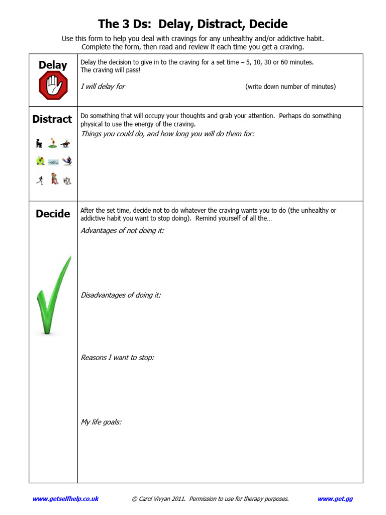 3 Ds: Delay, Distract, Decide Worksheet | PDF