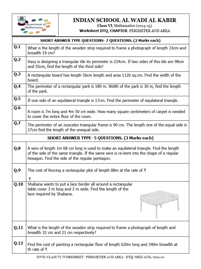 Class VI Perimeter and Area Worksheet | PDF | Area | Length