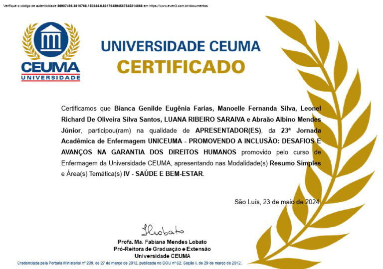 Certificado 23ª Jornada Acadêmica UNICEUMA | PDF