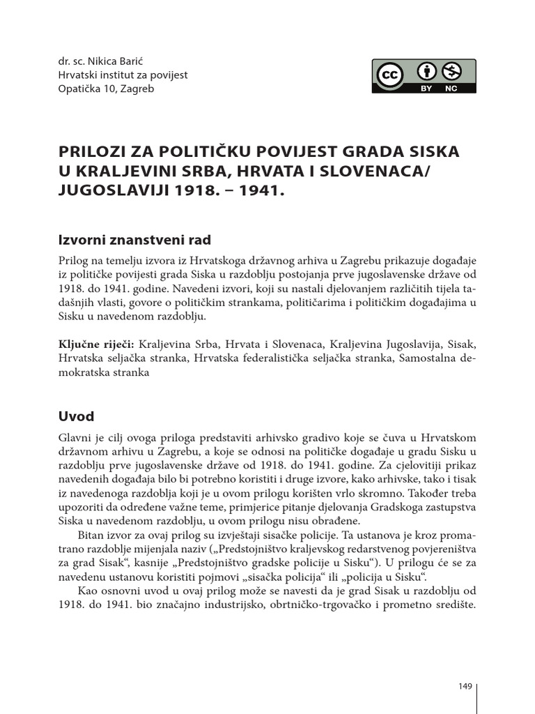 Prilozi Za Političku Povijest Grada Siska U Kraljevini Srba, Hrvata I Slovenaca-Jugoslaviji 1918 ...