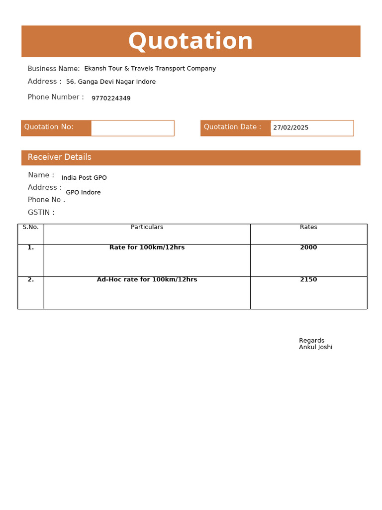Transport Quotation Format Template | PDF
