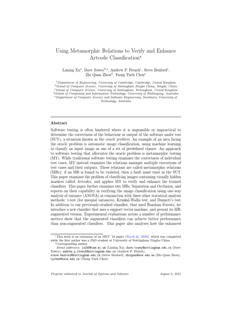 Using Metamorphic Relations To Verify and Enhance Artcode Classification | PDF | P Value ...