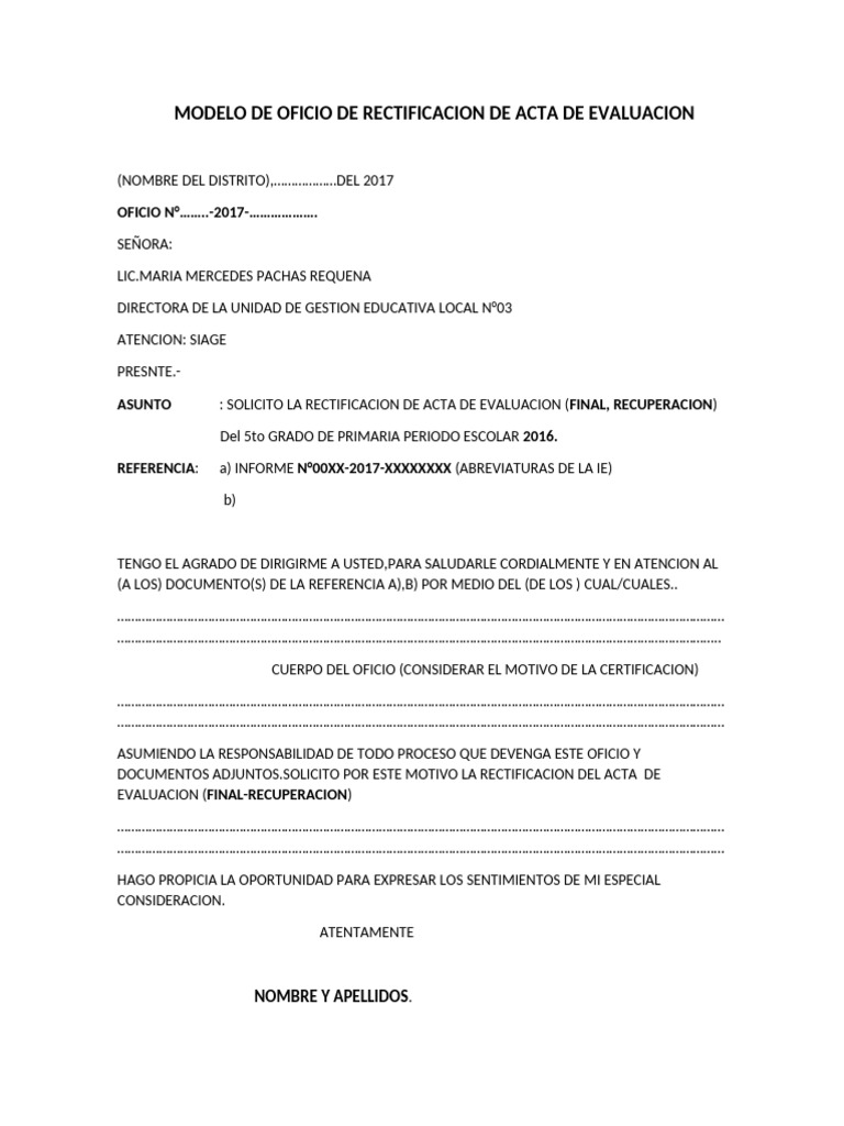 Modelo de Oficio de Rectificacion de Acta de Evaluacion | PDF