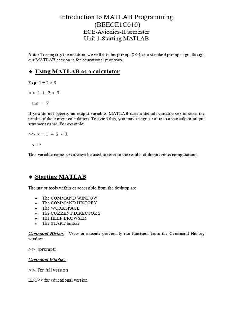 Unit-1-Starting MATLAB - F8d861b69c65af171cf58f761cc - 250305 - 205553 | PDF | Matlab | Command ...