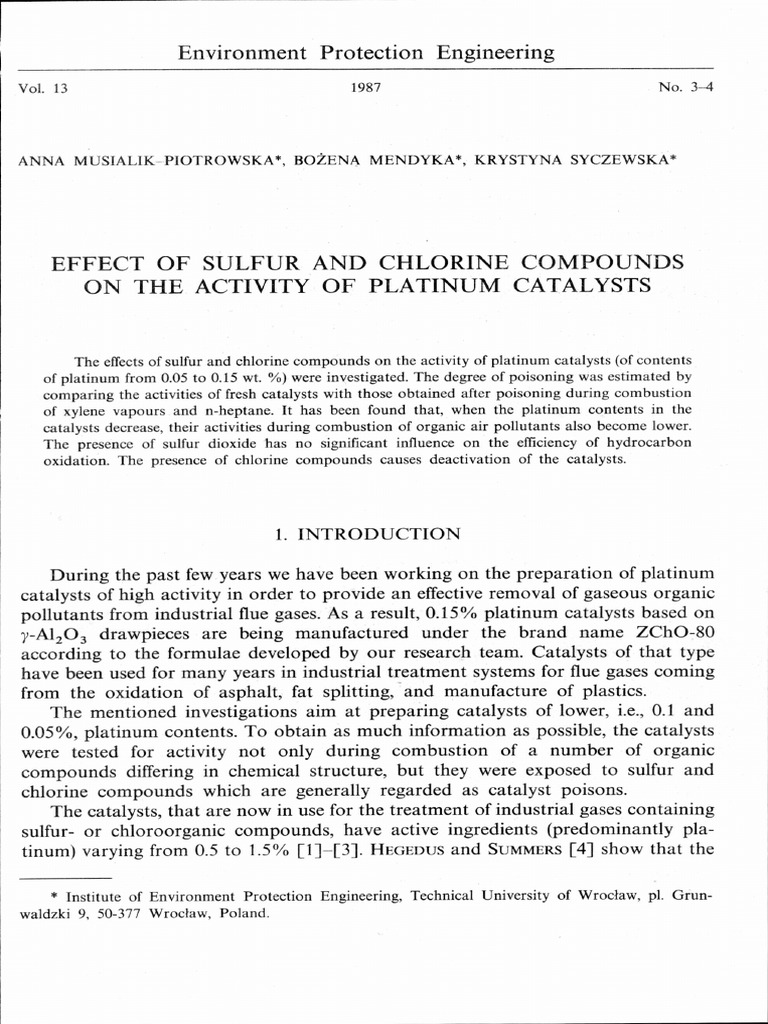 Impact of Sulfur and Chlorine on Platinum Catalysts | PDF | Catalysis ...