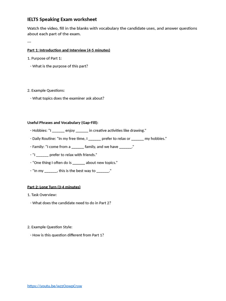 IELTS Speaking Exam Worksheet Guide | PDF